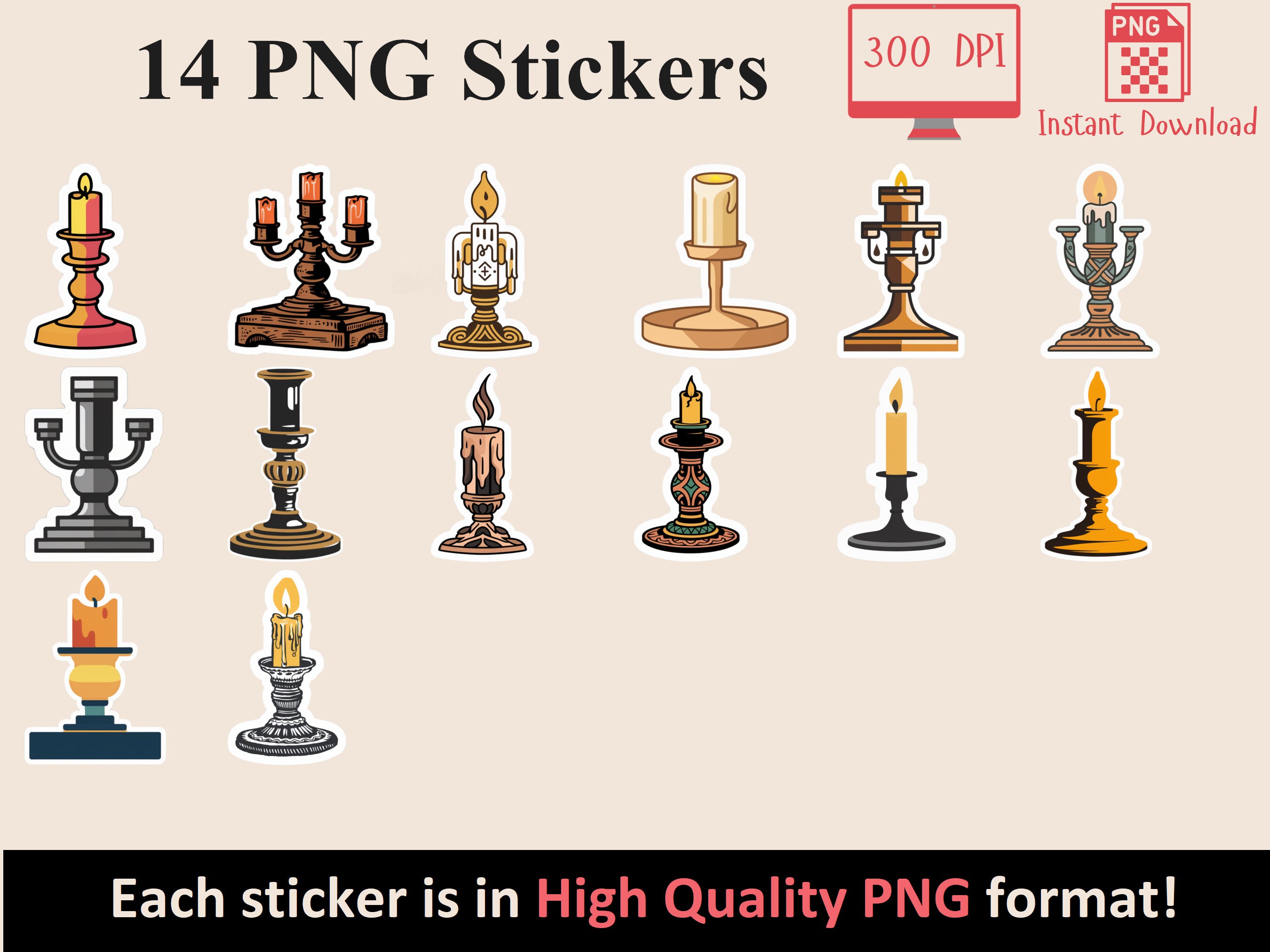 Candlestick PNG Stickers Design Bundle Elegant Glow, Stylish ...