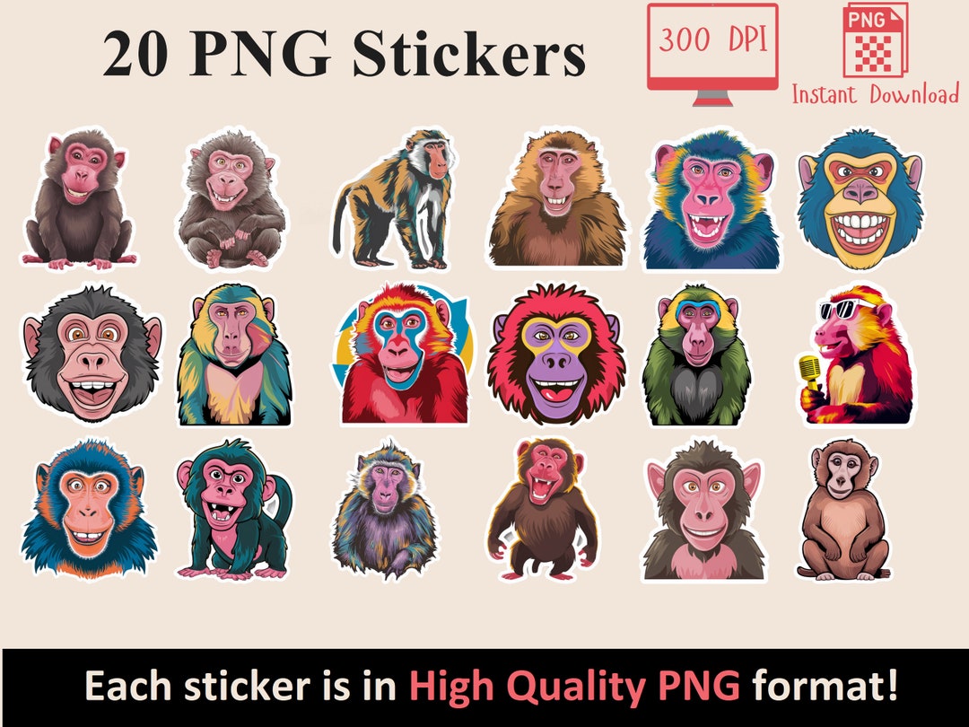Baboon PNG Stickers Design Bundle, 20 Designs, Printable Animal ...