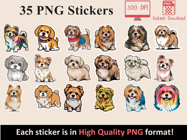 Lhasa Apso Dog PNG Stickers Bundle 35 Designs Cute, Printable, Instant ...