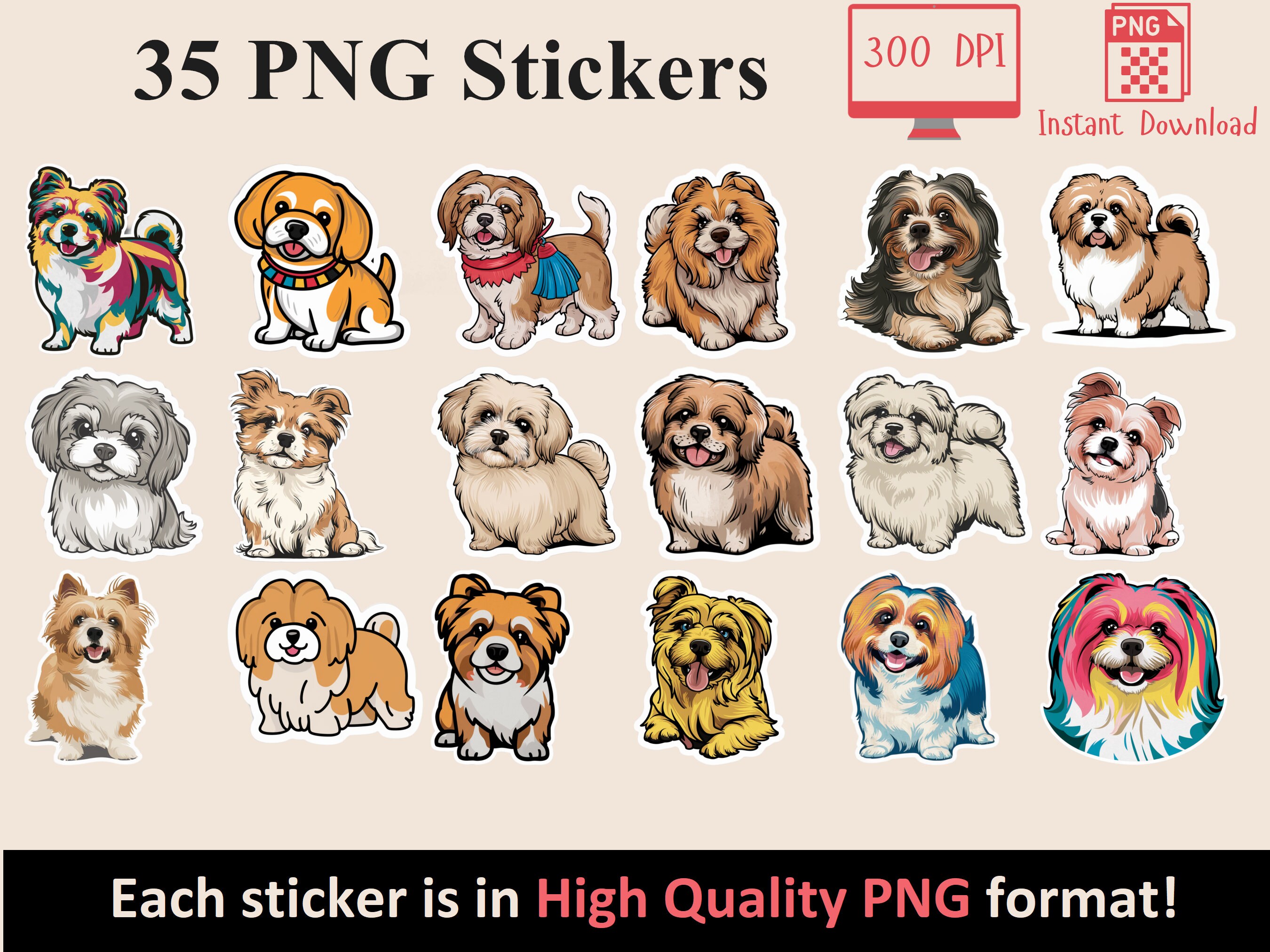 Lhasa Apso Dog PNG Stickers Bundle 35 Designs Cute, Printable, Instant ...