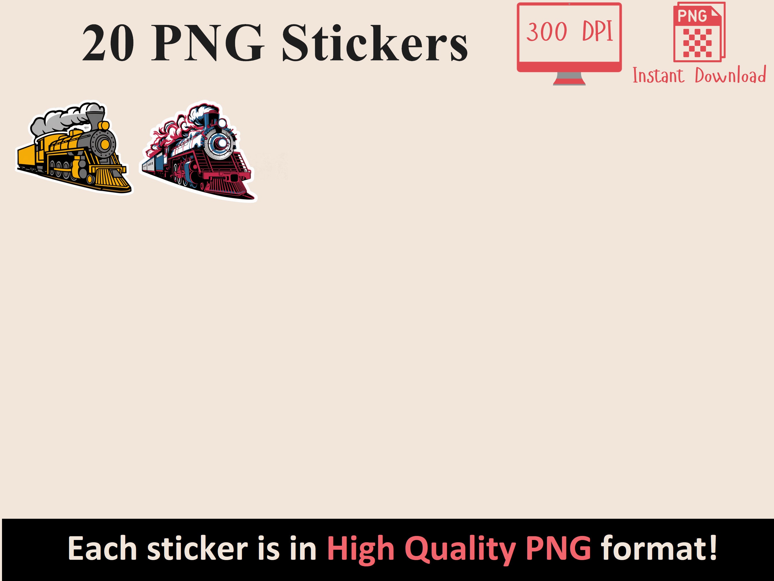 Steam Locomotive PNG Stickers Design, 20 Vintage Train Clipart, Railway ...