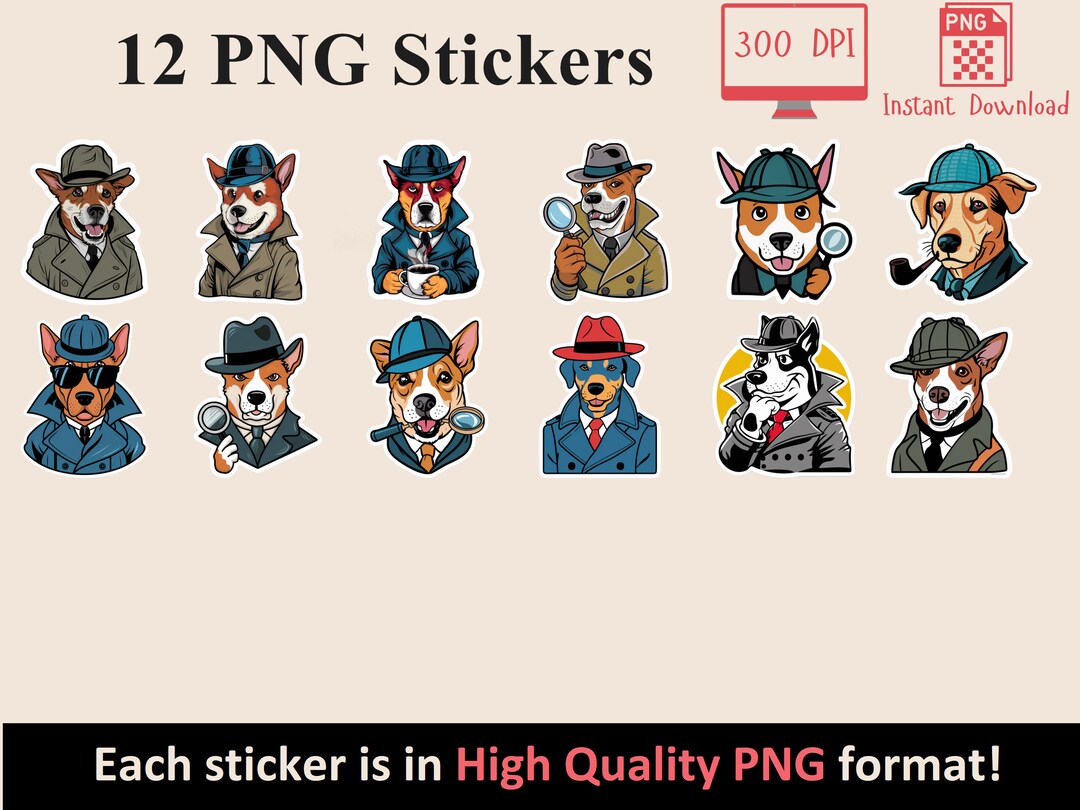Dog Detective PNG Stickers Collection, 12 Mystery Solving Dog Designs ...