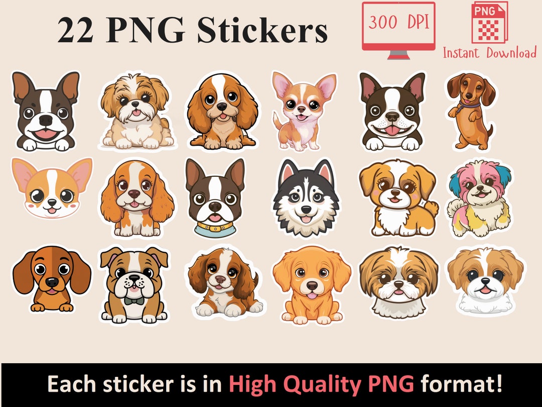 Kawai Dog Breeds PNG Stickers Design Bundle, 22 Cute Dog Breed ...