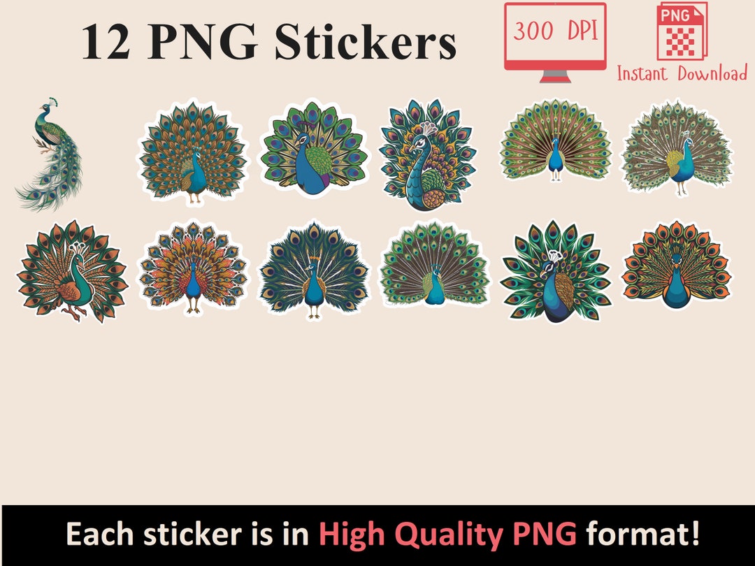 Peacock PNG Stickers Design, 12 Majestic Bird Clipart, Instant Download ...