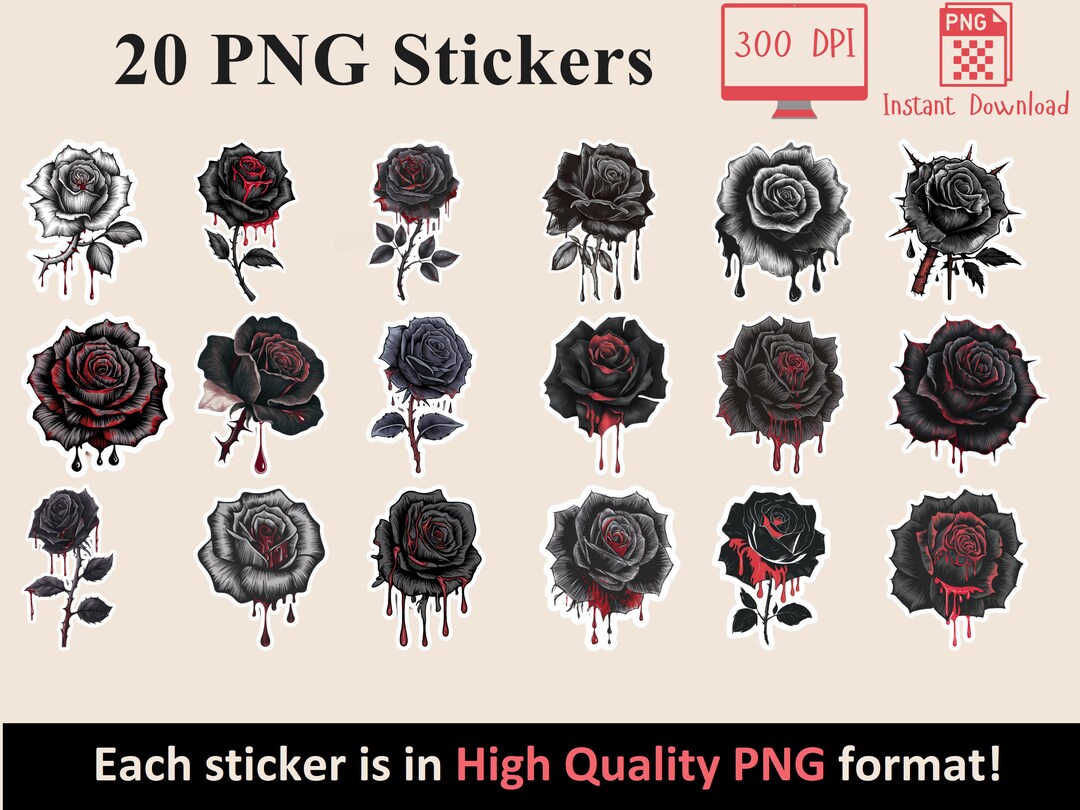 Bleeding Black Rose Hand Drawn Style PNG Stickers Design Bundle, 20 ...