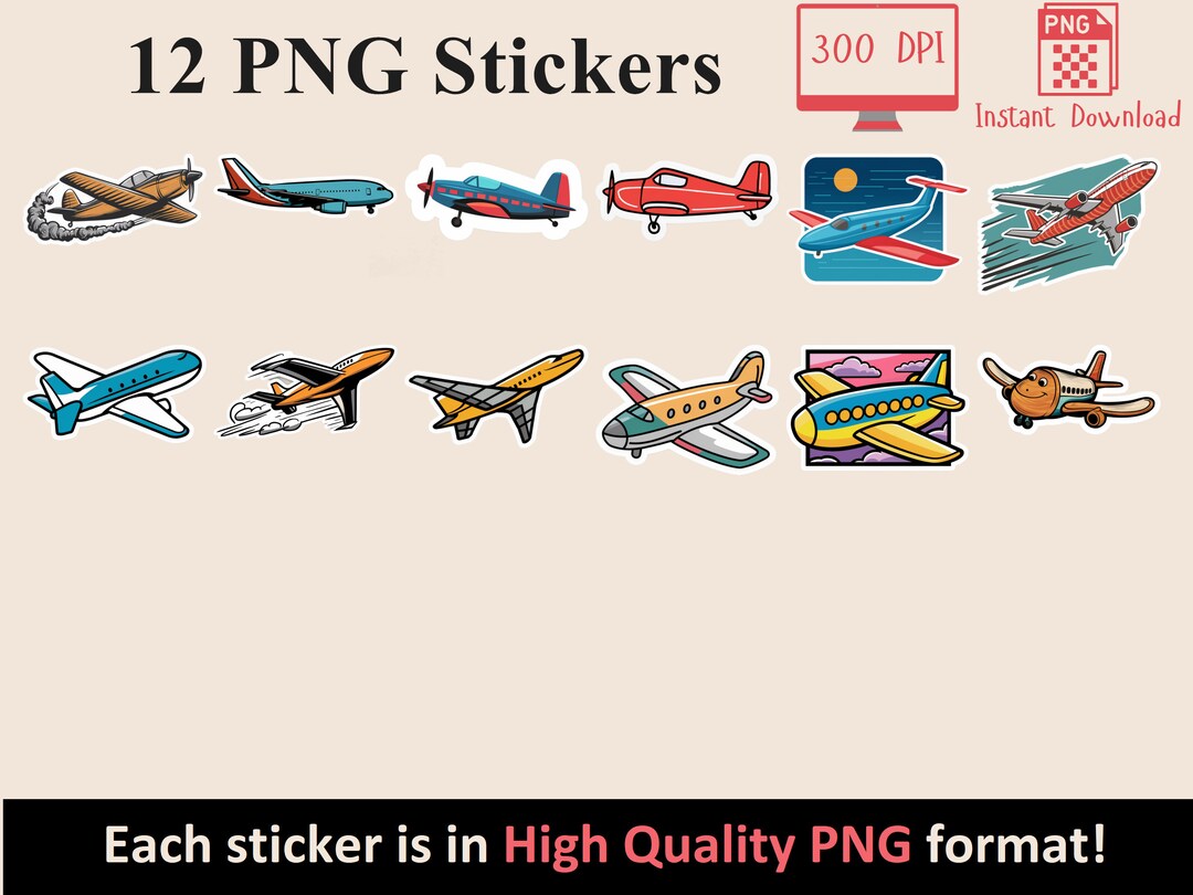 Airplane PNG Stickers Design Bundle, 12 Designs, Printable Travel ...