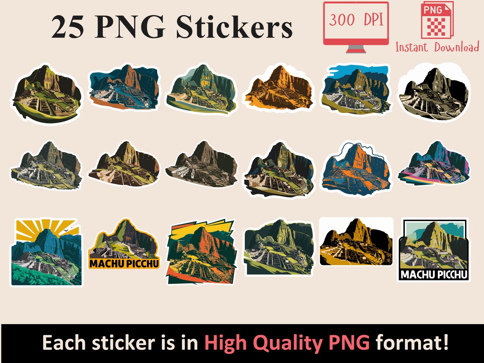 Machu Picchu PNG Stickers Bundle 25 Designs Historical, Printable ...