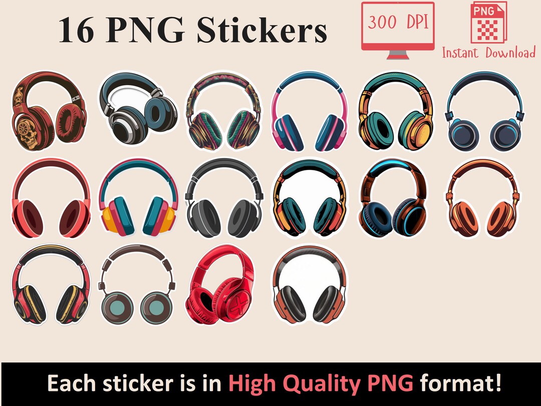 Headphones PNG Stickers Bundle, 16 Music Lover Designs, Printable ...