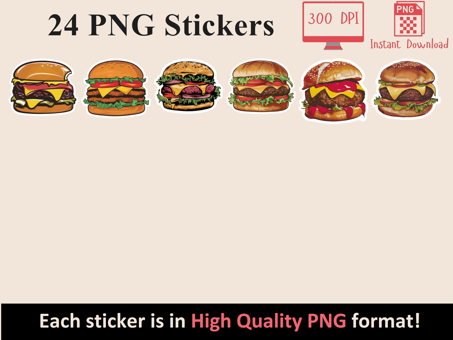 Cheeseburger PNG Stickers Design Bundle Juicy Bites, Delicious Burger ...