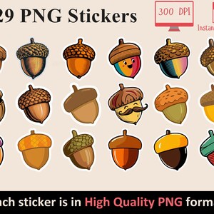 Acorn PNG Stickers Design Bundle, 29 Designs, Printable Fall Stickers ...