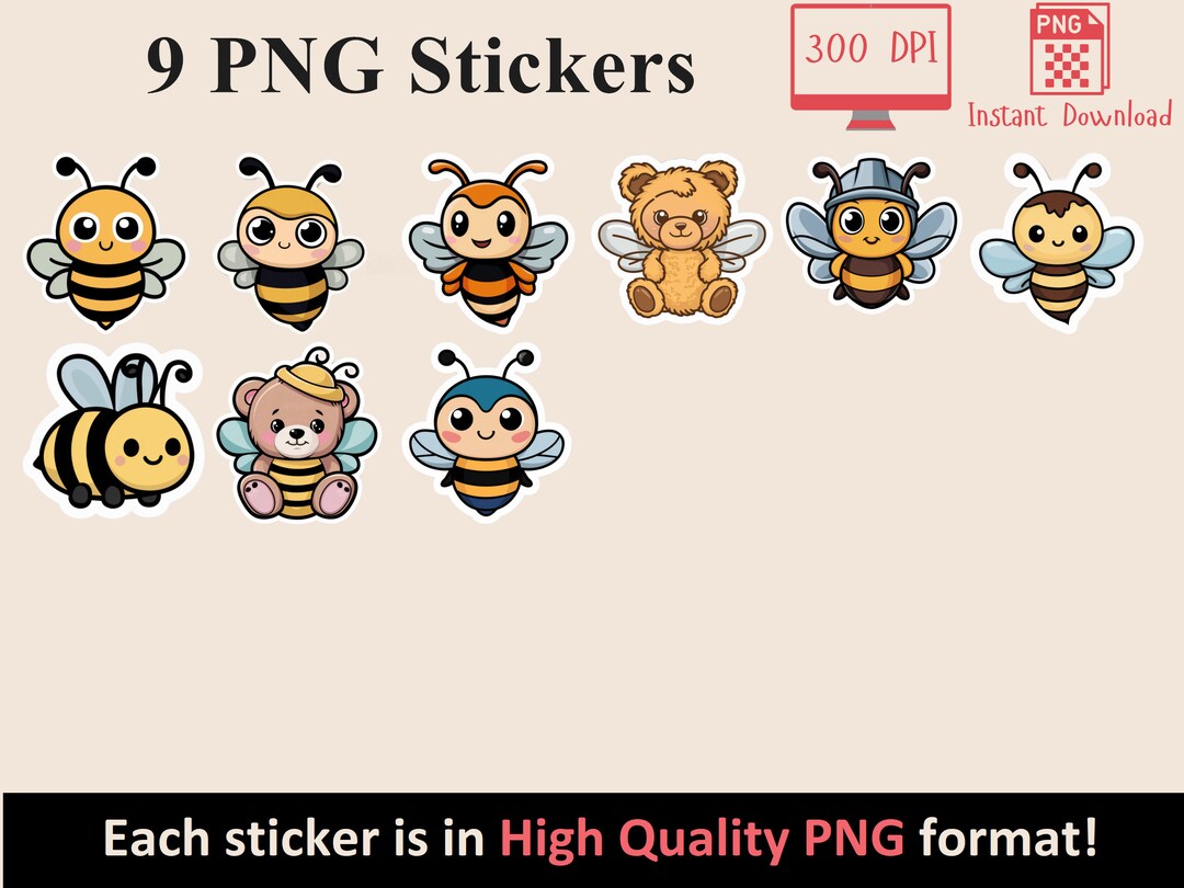 Cute Kawaii Bees PNG Stickers Design, 9 Adorable Bee Clipart, Honey ...