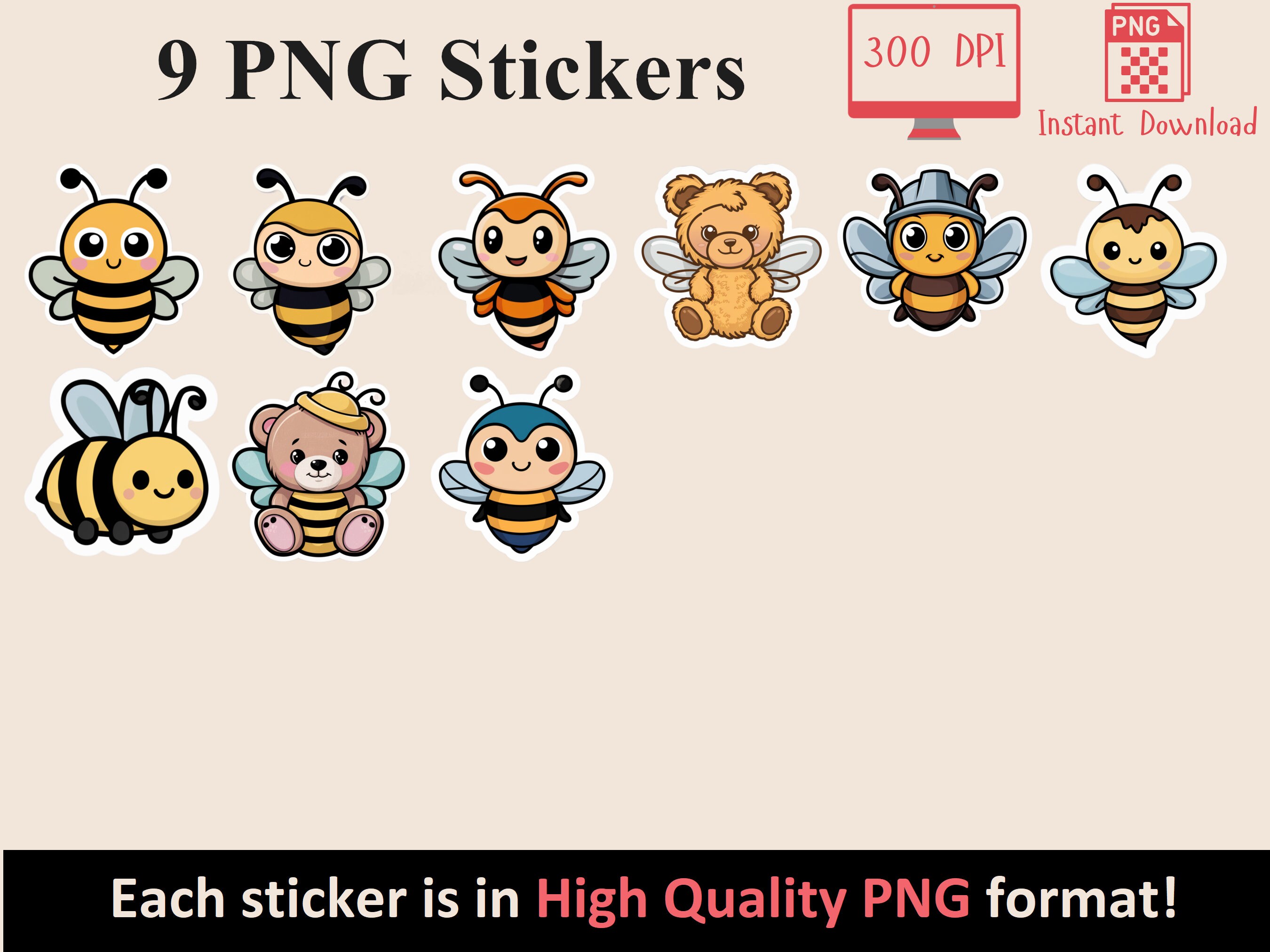 Cute Kawaii Bees PNG Stickers Design, 9 Adorable Bee Clipart, Honey ...
