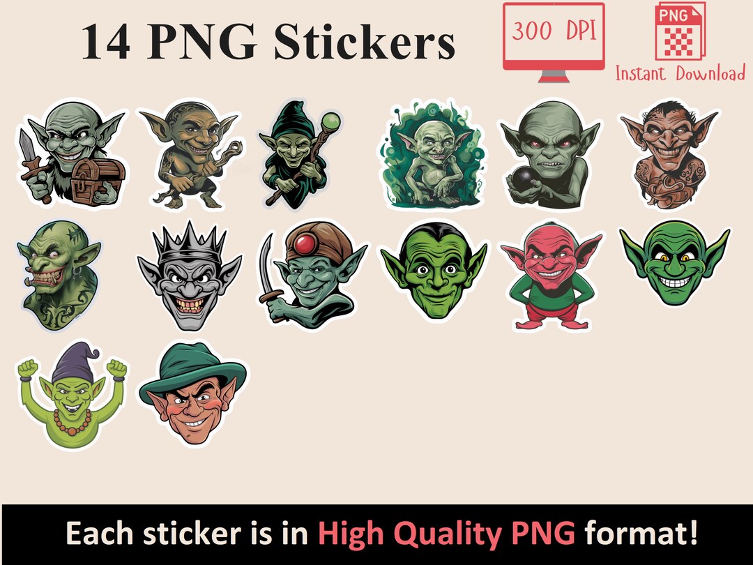 Goblin PNG Stickers Bundle, 14 Fantasy Creature Designs, Printable ...