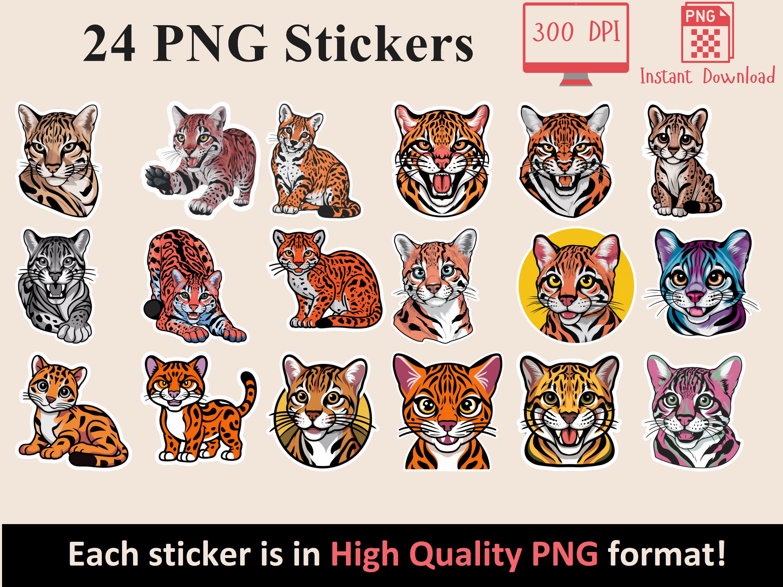 Ocelot PNG Stickers Design, 24 Wild Cat Clipart, Instant Download ...