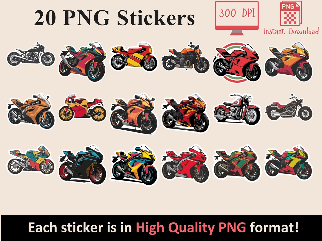 Motorcycle PNG Stickers Bundle 20 Designs Biker, Printable, Instant ...