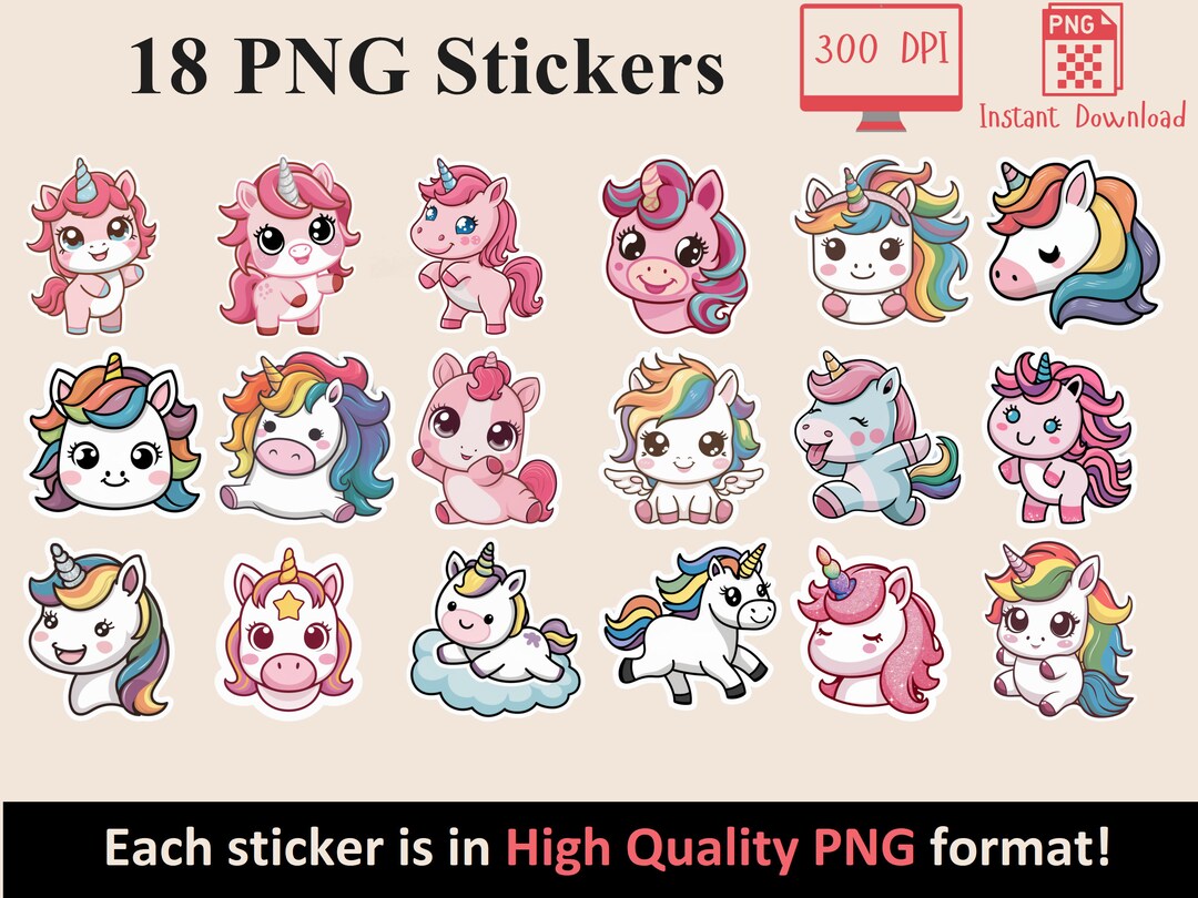 Kawai Unicorns PNG Stickers Design Bundle, 18 Cute Unicorn ...