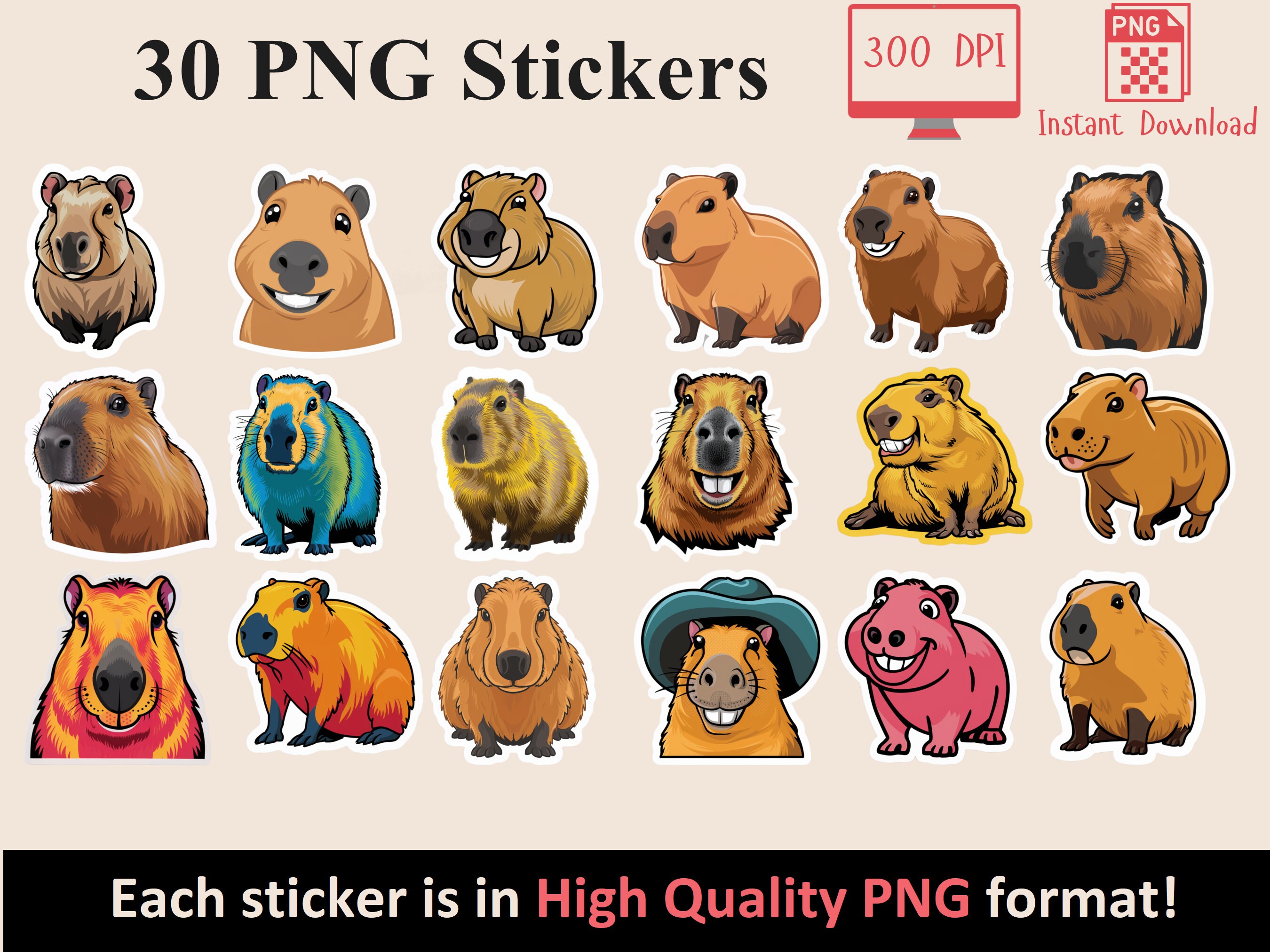 Capybara PNG Stickers Design Bundle Gentle Giants, Adorable Capybara ...