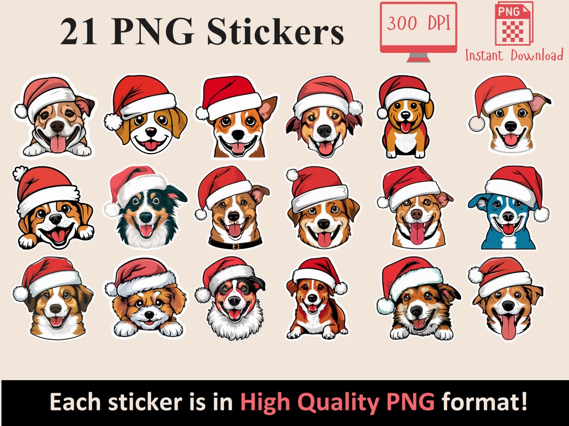 Dog in a Santa Hat PNG Stickers Bundle, 21 Festive Dog Designs ...