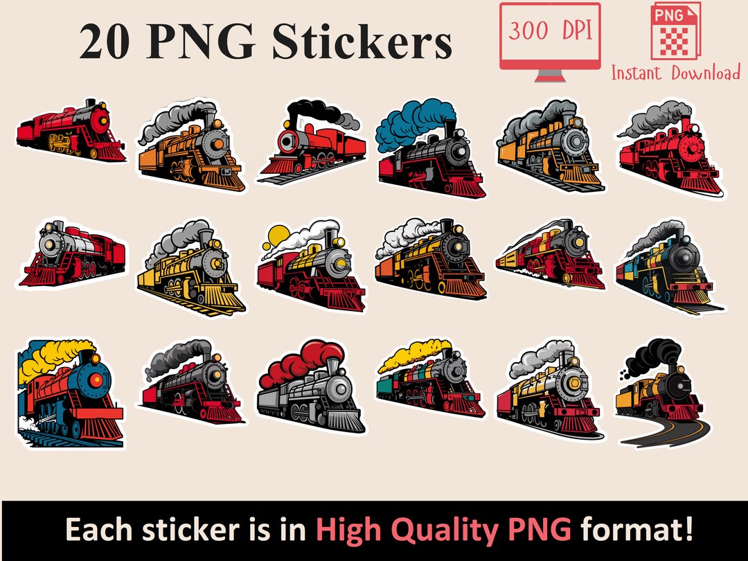 Steam Locomotive PNG Stickers Design, 20 Vintage Train Clipart, Railway ...