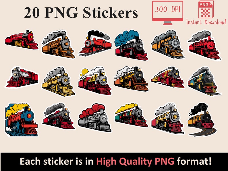 Steam Locomotive PNG Stickers Design, 20 Vintage Train Clipart, Railway ...