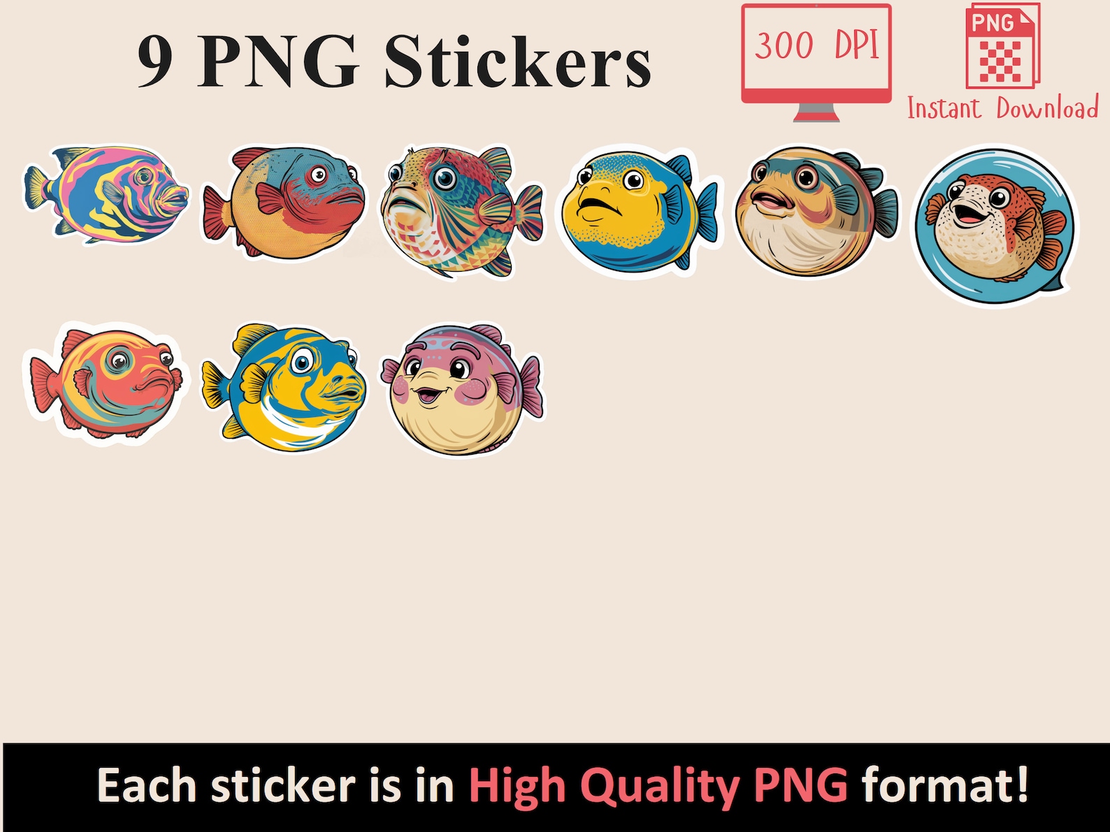Puffer Fish PNG Stickers Design Bundle, 9 Ocean-themed Designs ...