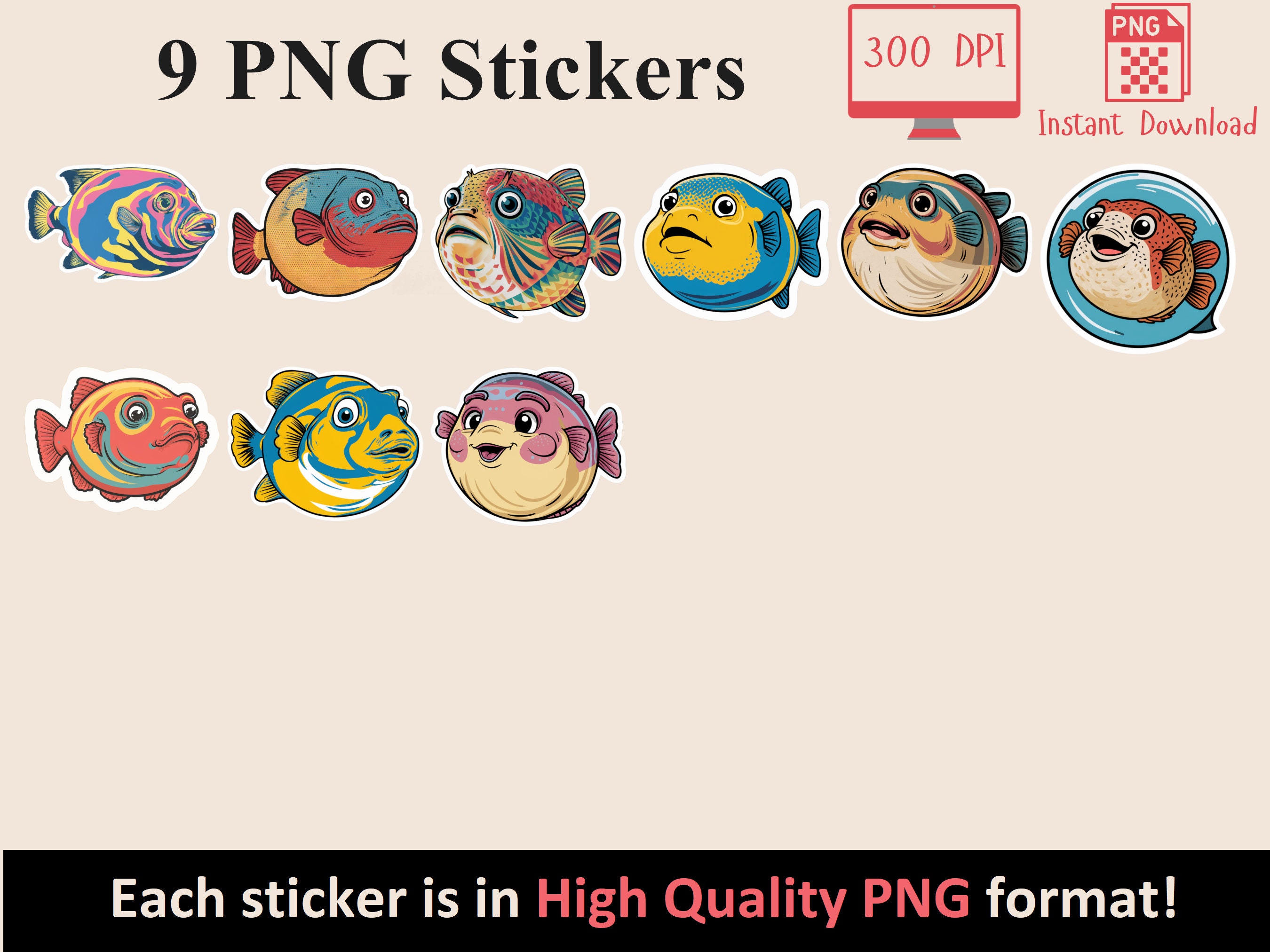 Puffer Fish PNG Stickers Design Bundle, 9 Ocean-themed Designs ...