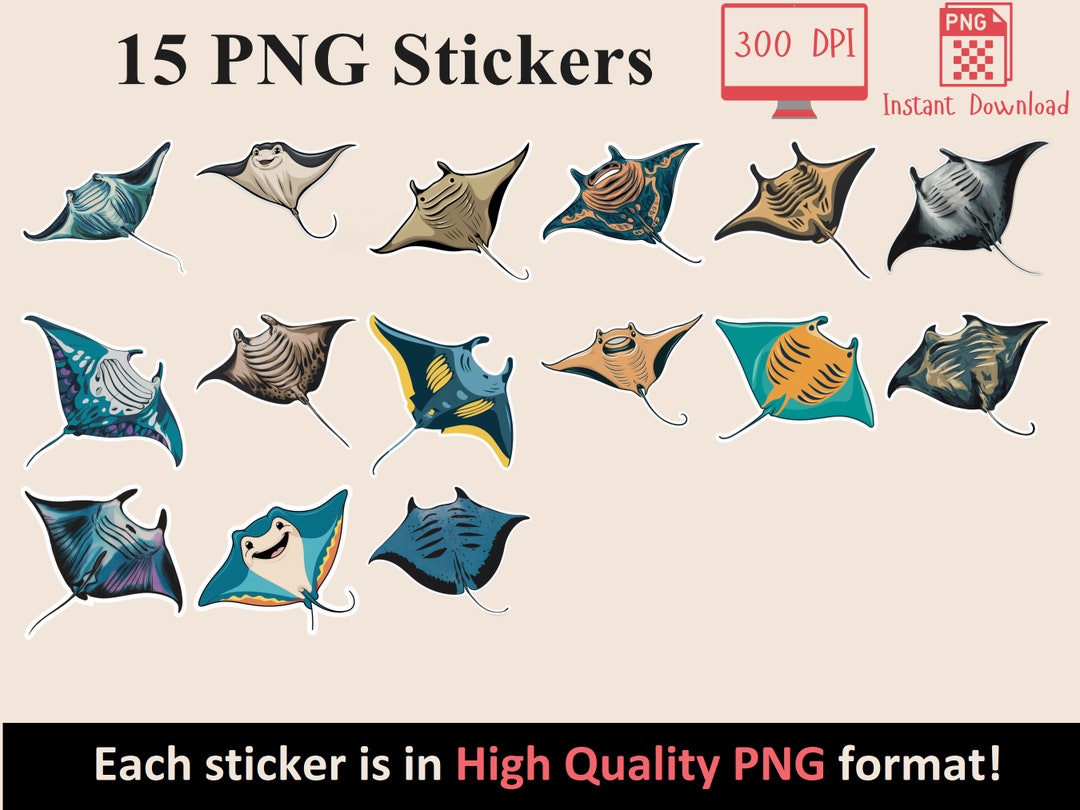 Manta Ray PNG Stickers Bundle 15 Designs Oceanic, Printable, Instant ...
