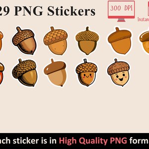 Acorn PNG Stickers Design Bundle, 29 Designs, Printable Fall Stickers ...