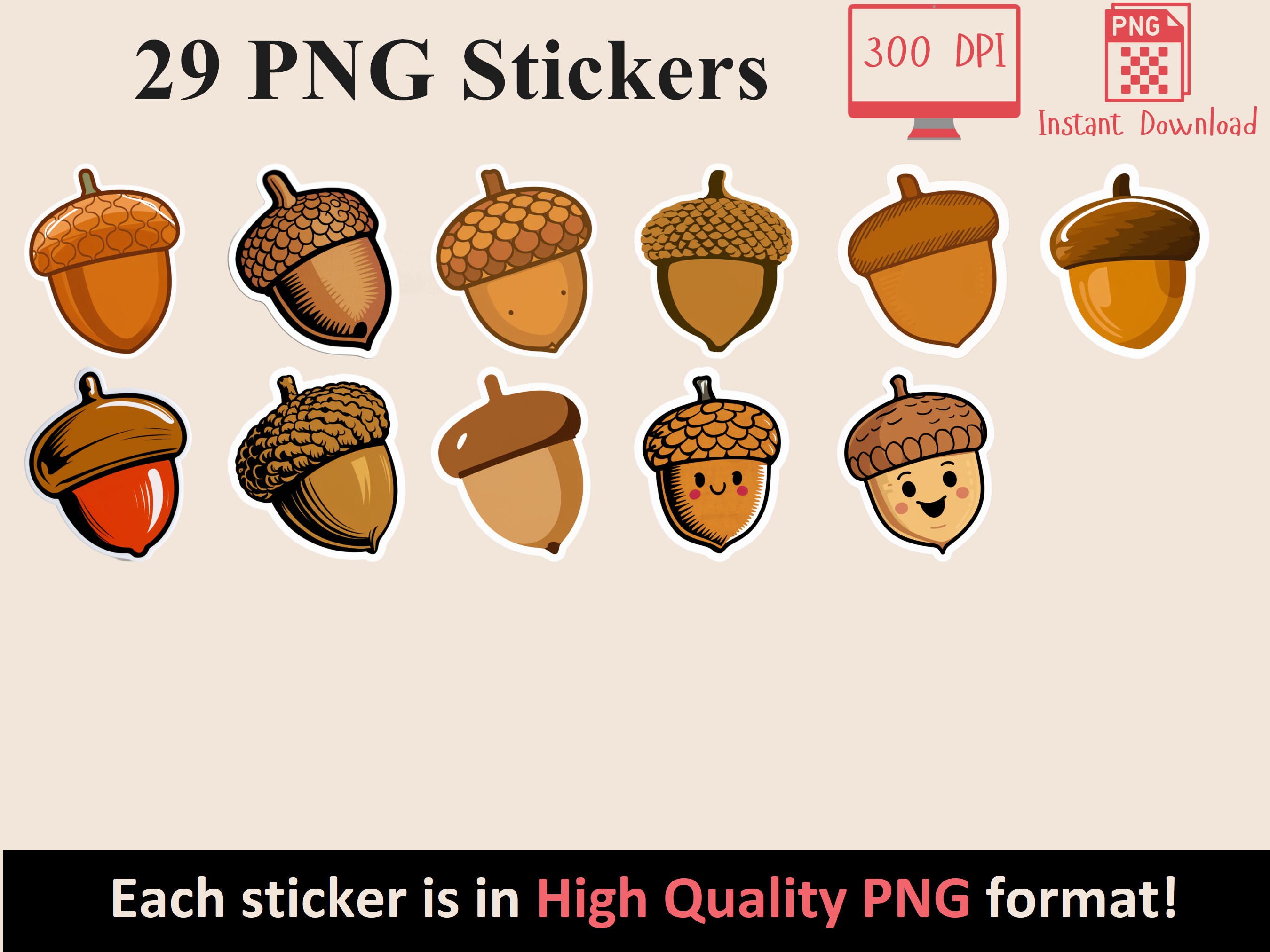 Acorn PNG Stickers Design Bundle, 29 Designs, Printable Fall Stickers ...