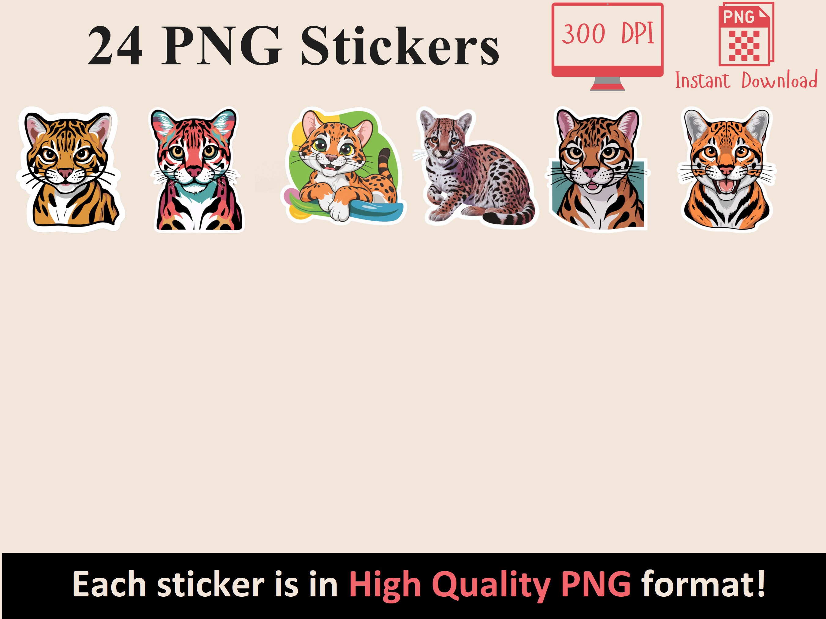 Ocelot PNG Stickers Design, 24 Wild Cat Clipart, Instant Download ...
