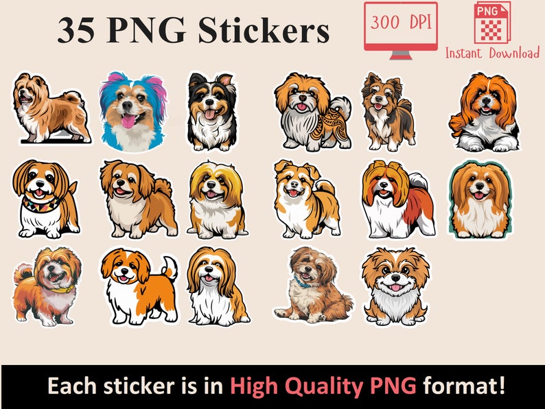 Lhasa Apso Dog PNG Stickers Bundle 35 Designs Cute, Printable, Instant ...