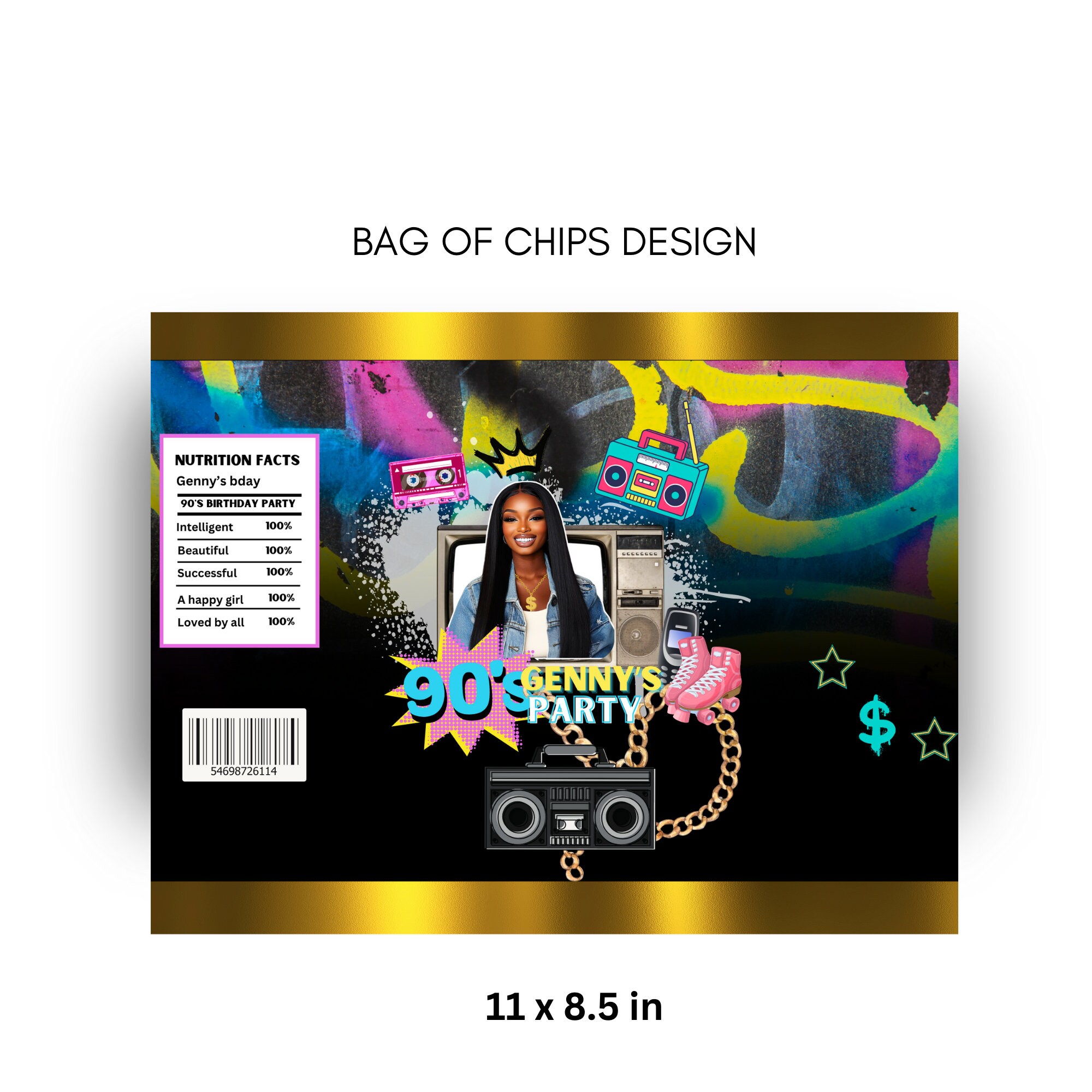 90s Birthday Party Chip Bag Label Design, Water Bottle Label, Editable ...