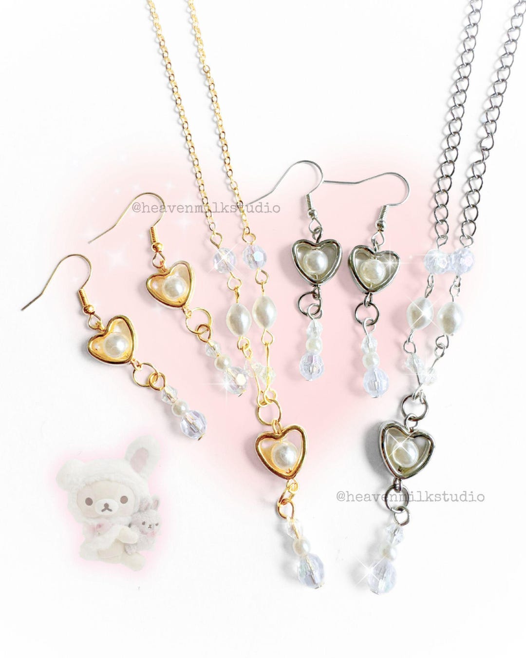 Dainty Coquette Heart Necklace and Earrings Set, Beaded Heart Charm ...