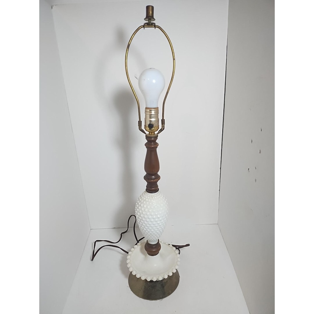 Vintage 20" Tall Hobnail Milk Glass Table Lamp Wood Retro MCM Harp ...