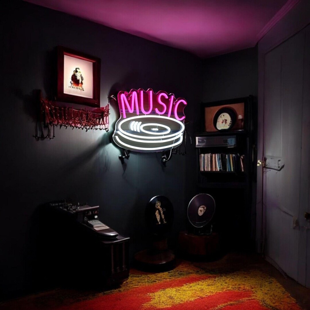 Neon Sign With Music Text, Perfect for Cafes, Bars, Discos and Music ...
