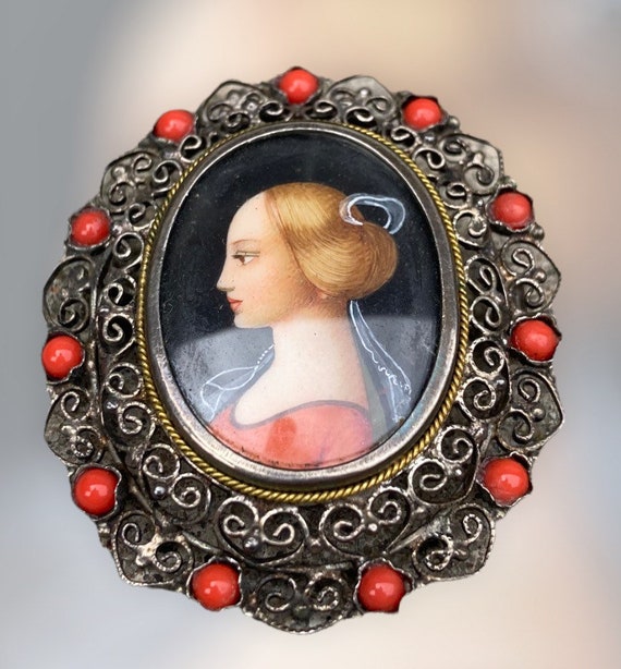 Antique 800 Silver Hand Painted Lady Portrait Brooch … - Gem