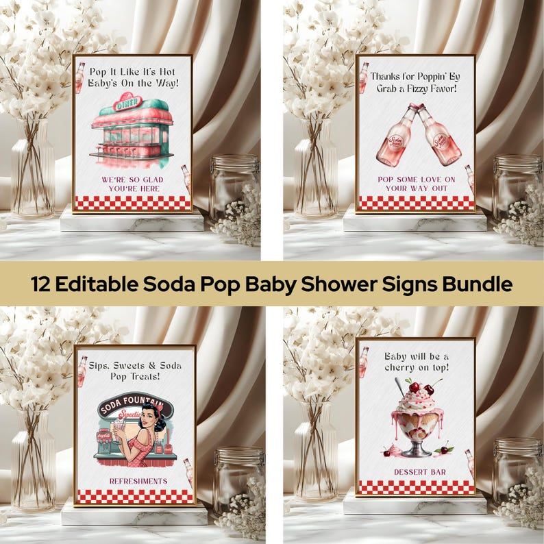 Vintage Soda Pop Baby Shower Signs Bundle, Set of 12 Retro Diner Theme ...
