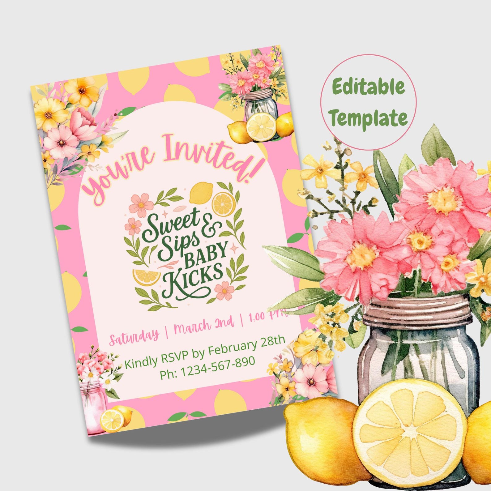 Pink Lemonade Baby Shower Invitation, Summer Citrus Theme (editable ...