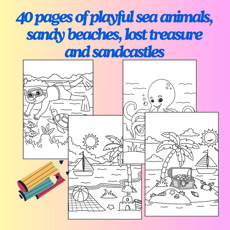 40 Page Printable Childrens Beach Themed Colouring Book Fun Ocean ...