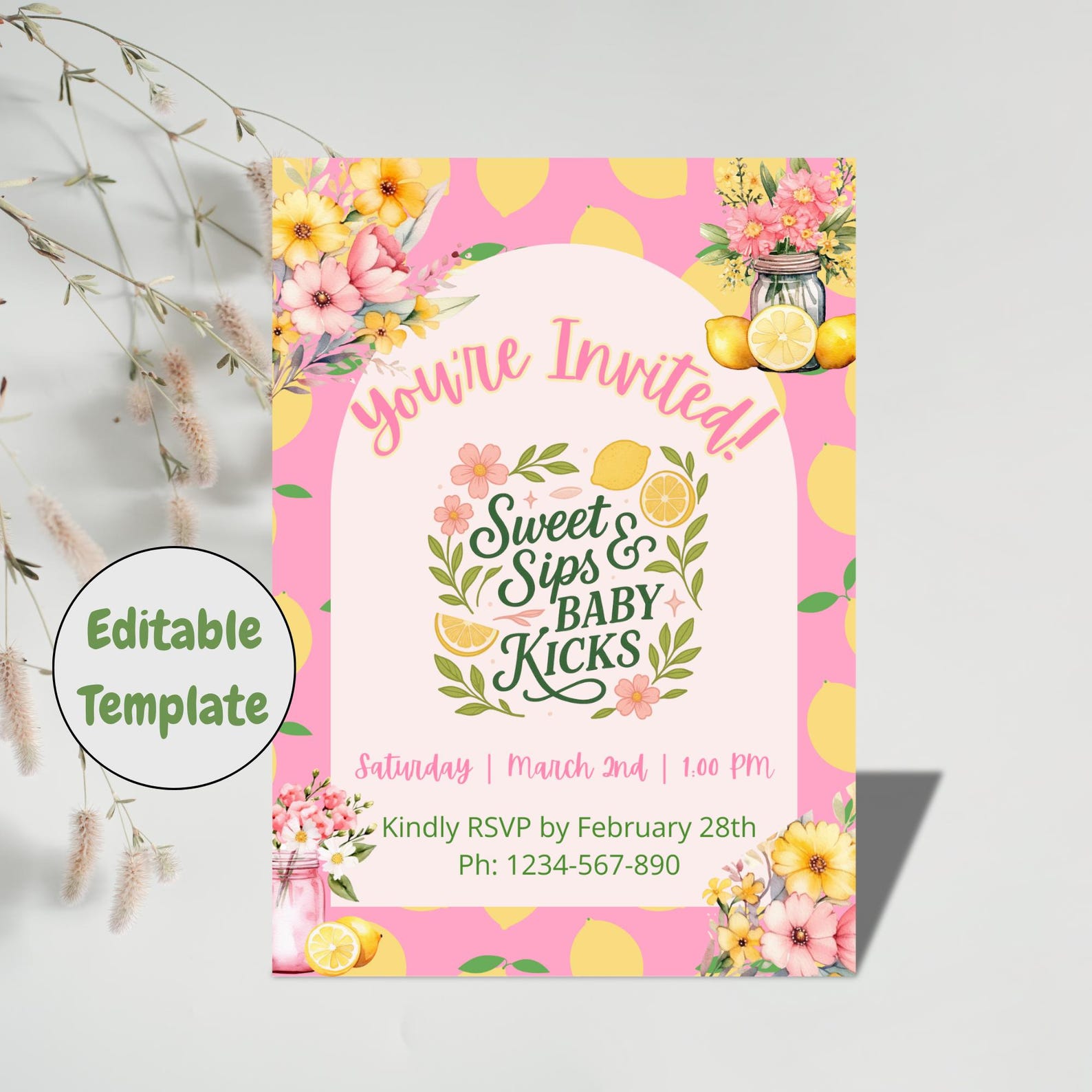 Pink Lemonade Baby Shower Invitation, Summer Citrus Theme (editable ...