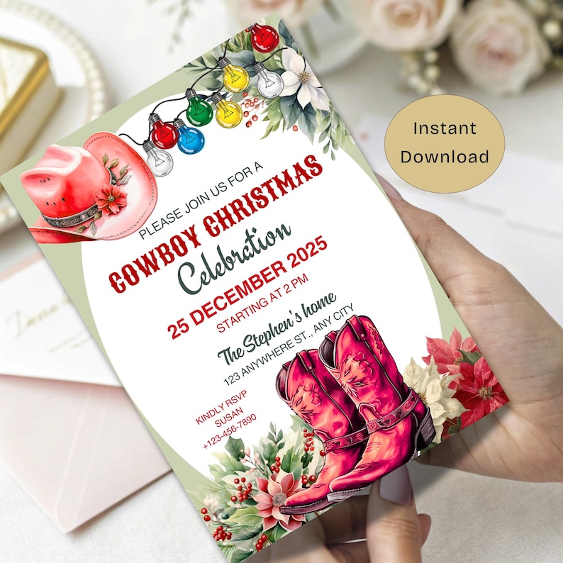 Cowboy Christmas Party Invitation, Rustic Western Boots (editable ...