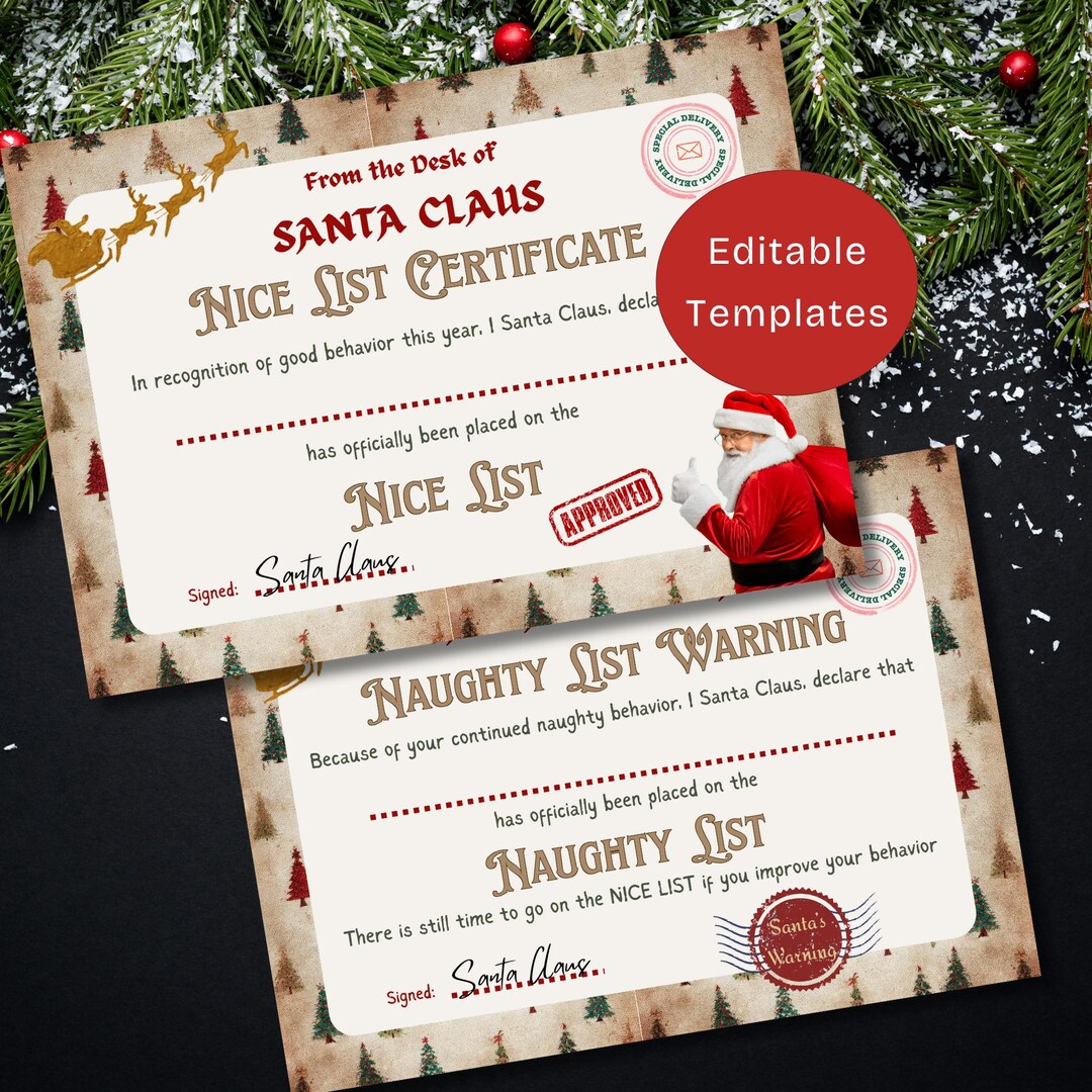 Editable Naughty & Nice List Certificates, Santa Clause Christmas ...