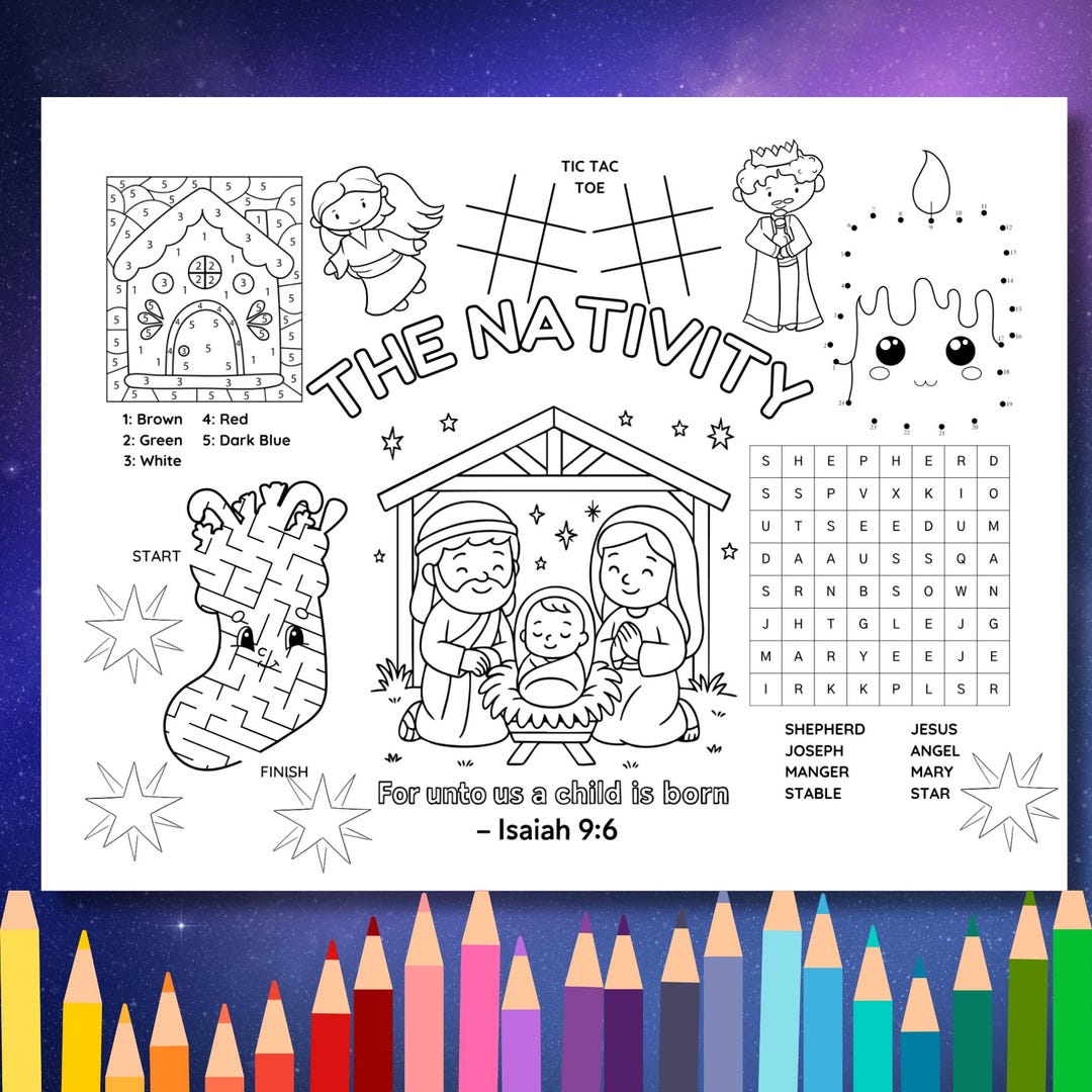 Printable Nativity Activity Mat, Christmas Coloring Games (US Letter ...