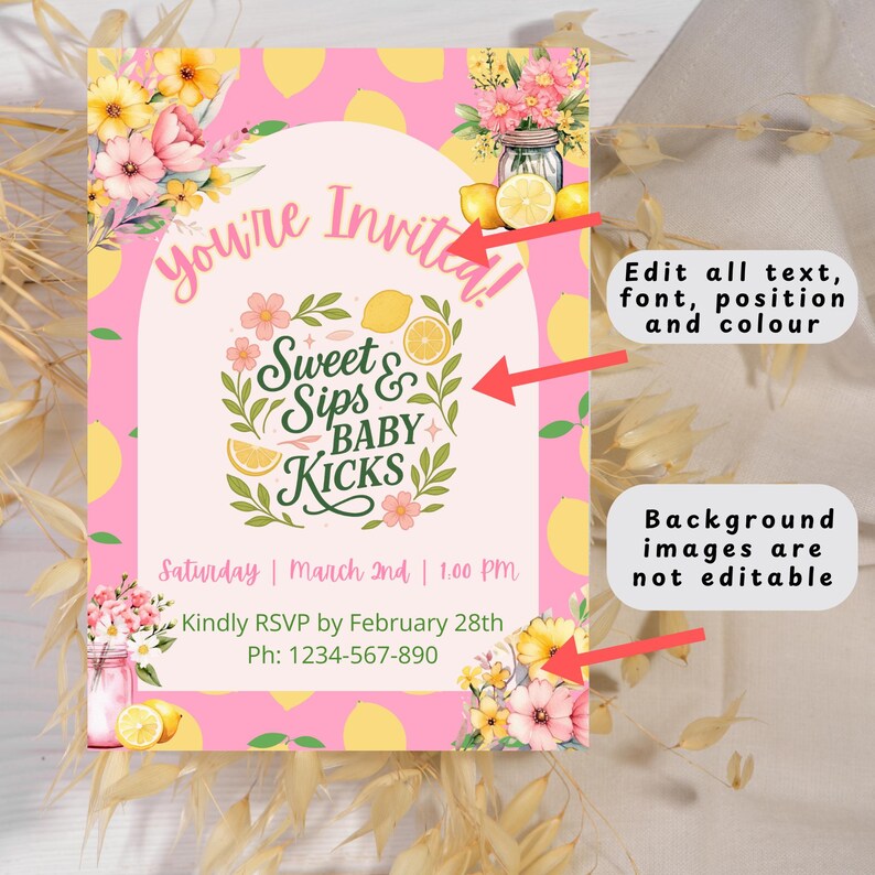 Pink Lemonade Baby Shower Invitation, Summer Citrus Theme (editable ...