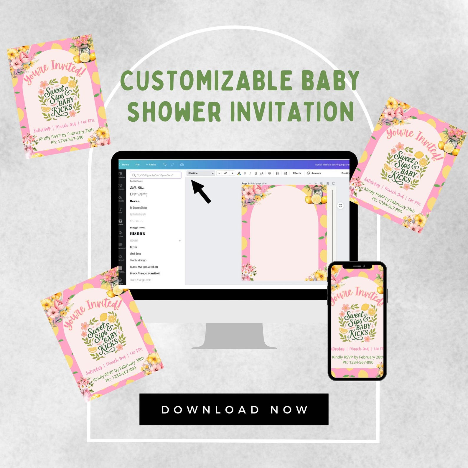 Pink Lemonade Baby Shower Invitation, Summer Citrus Theme (editable ...