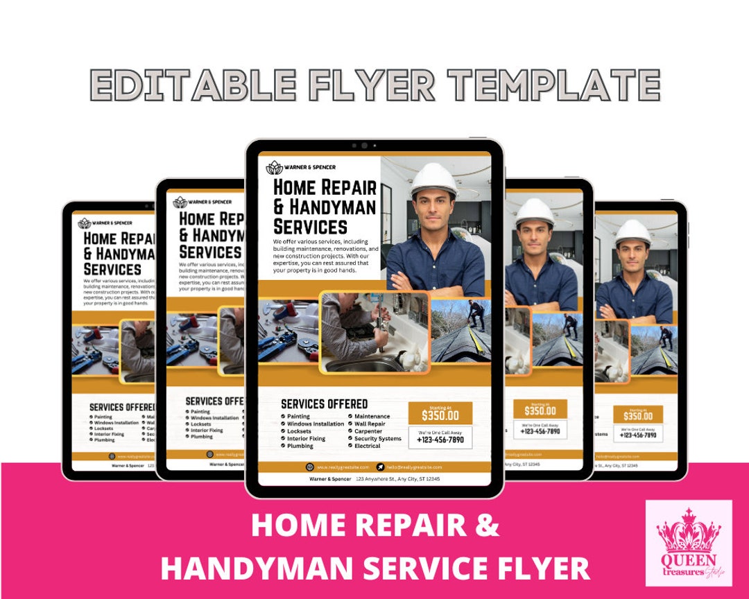Home Repair & Handyman Service Flyer, Canva Template, Carpentry ...