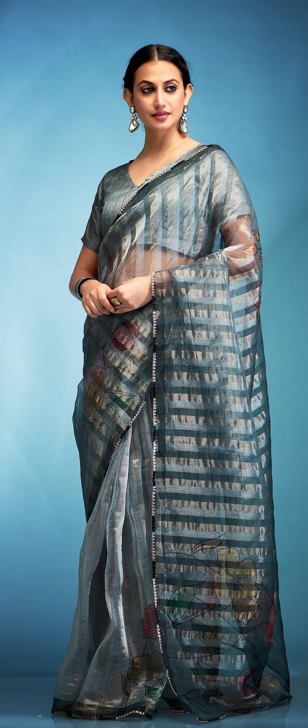Grey Color Tissue Silk With Digital Print Readymade/easy Saree - Etsy