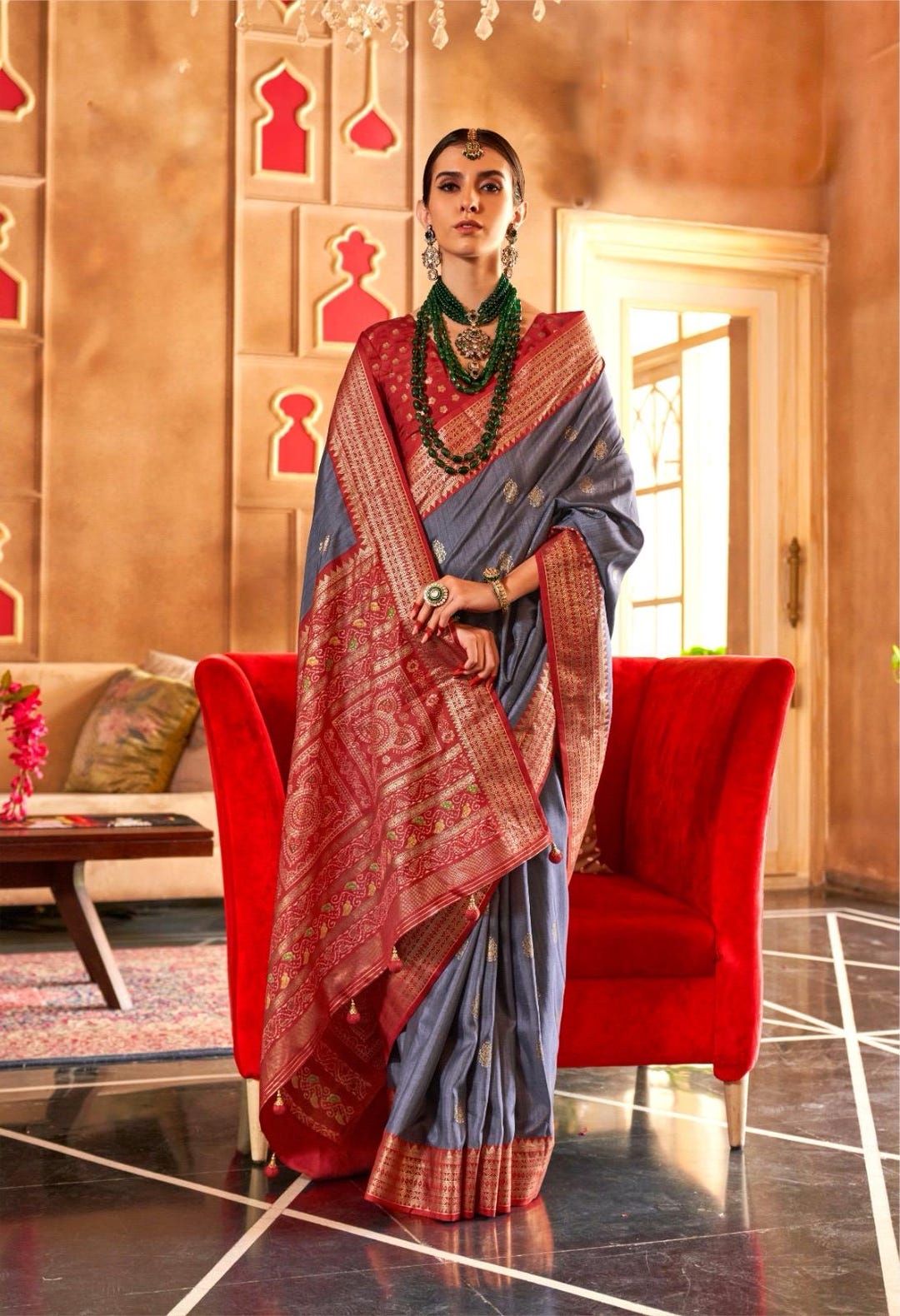 Grey Green Patola Silk Readymade/easy Saree - Etsy