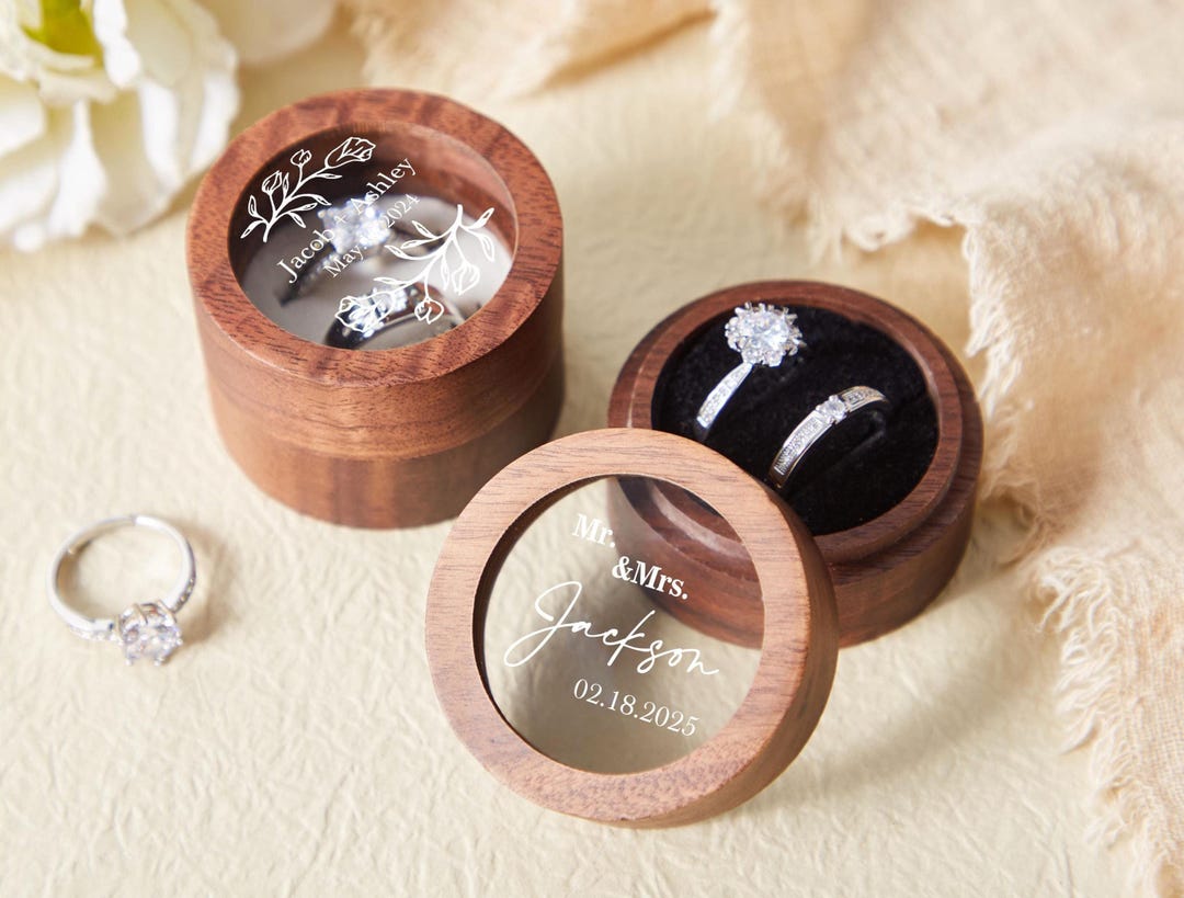 Personalized Walnut Wedding Ring Box With Acrylic Cover, Custom ...