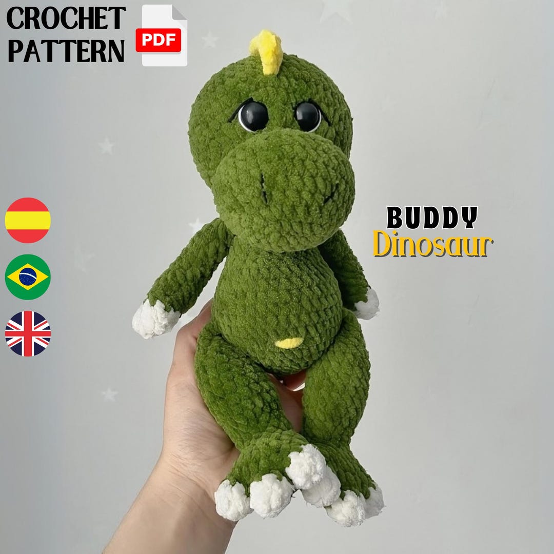 Gehaakte zittende dinosaurus, dino plushie amigurumi-patroon, laag ...